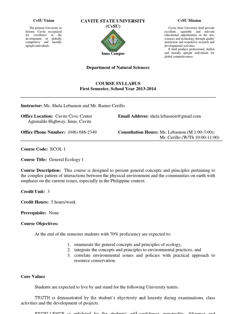 ECOL 1 Course Syllabus | Ecology | Food Web ECOL 1 Course Syllabus | Ecology | Food Web