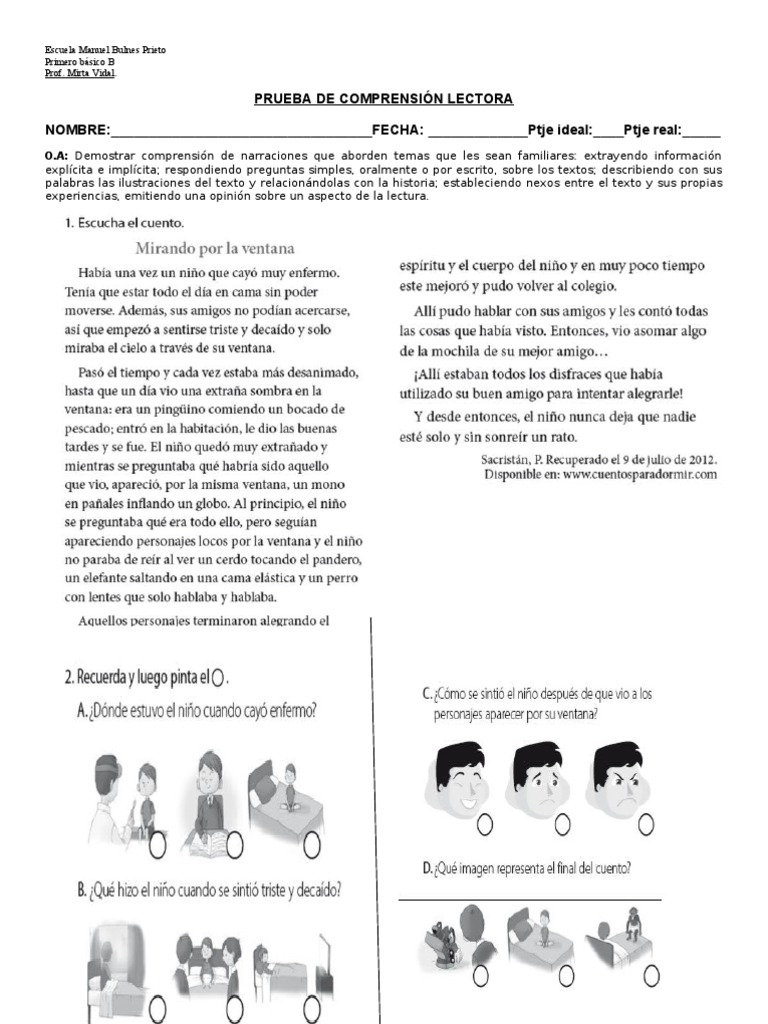 Prueba de Comprensión Lectora 1° Básico | PDF | Comprensión lectora ...