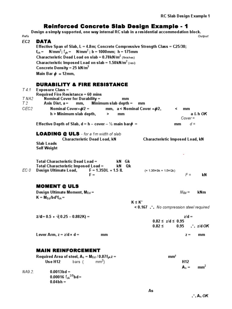 0 4 Reinforced Concrete Slab Design Example 1 Unfilled | Download Free ...