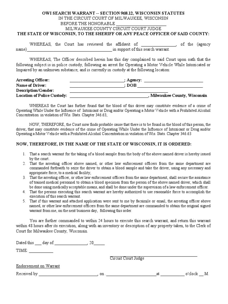 OWI Blood Search Warrant in Milwaukee | PDF | Driving Under The ...