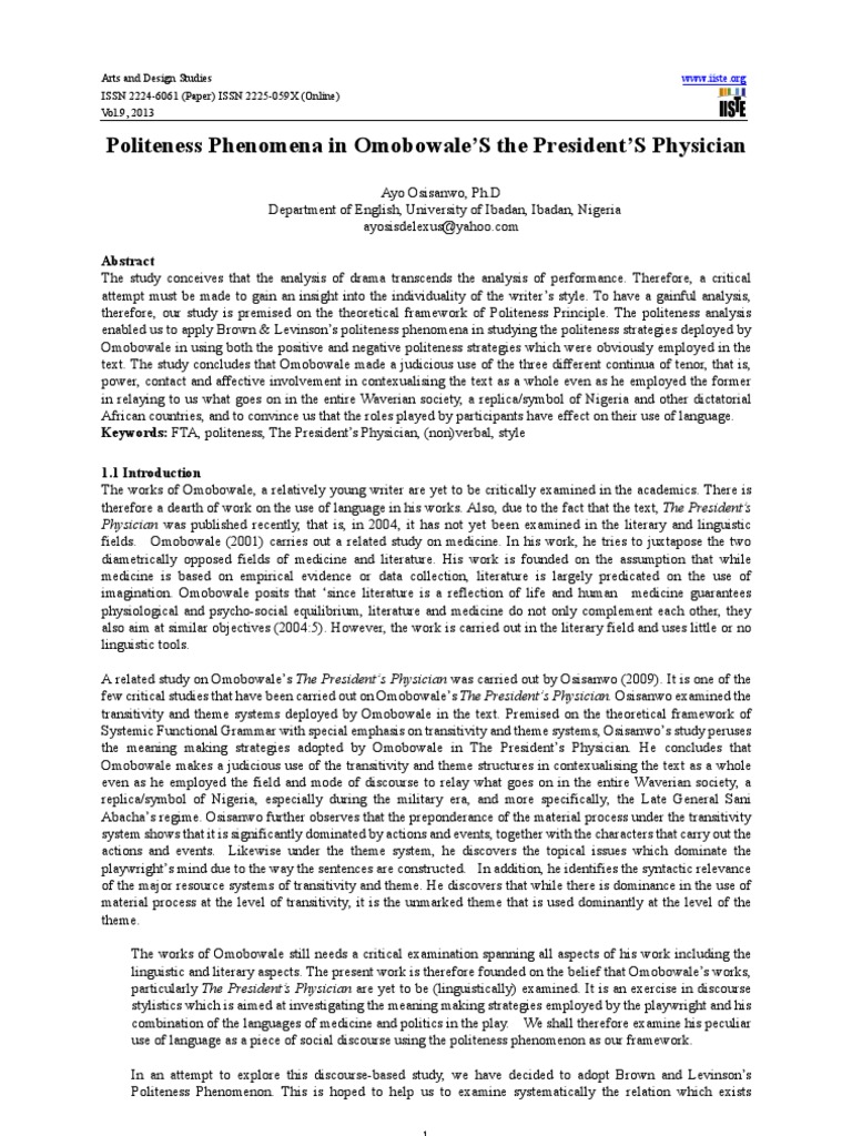 Politeness in Omobowale's Drama | PDF | Cognitive Science | Human ...