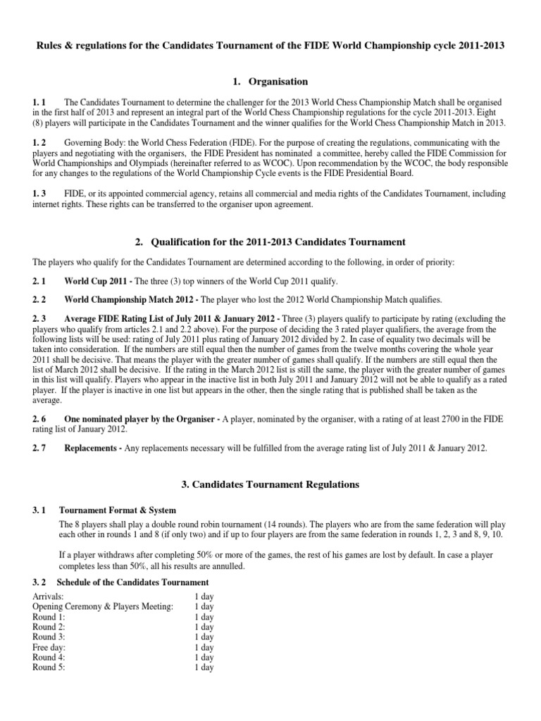 Rules & Regulations For The Candidates Tournament of The FIDE World ...