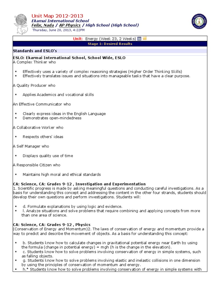 Lesson Plan On Energy and Momentum | PDF | Collision | Potential Energy