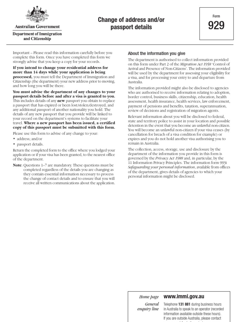 Australia Immigration form 929 | Travel Visa | Passport