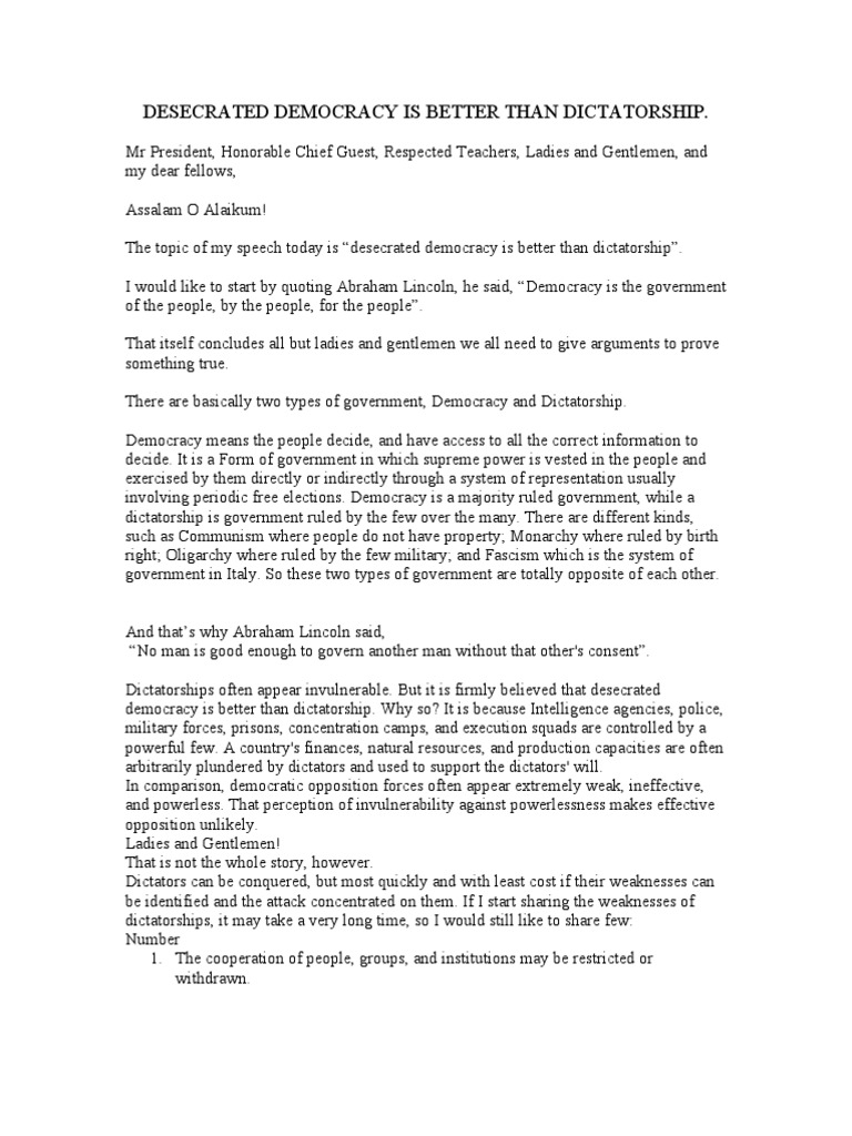 Speech on Democracy vs Dictatorship | Dictatorship | Democracy