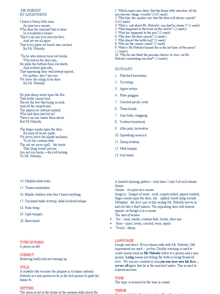 MR Nobody | PDF | Poetry