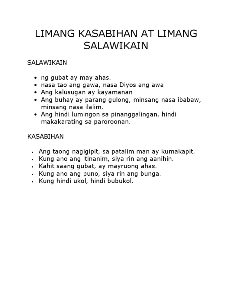 Limang Kasabihan at Limang Salawikain | PDF