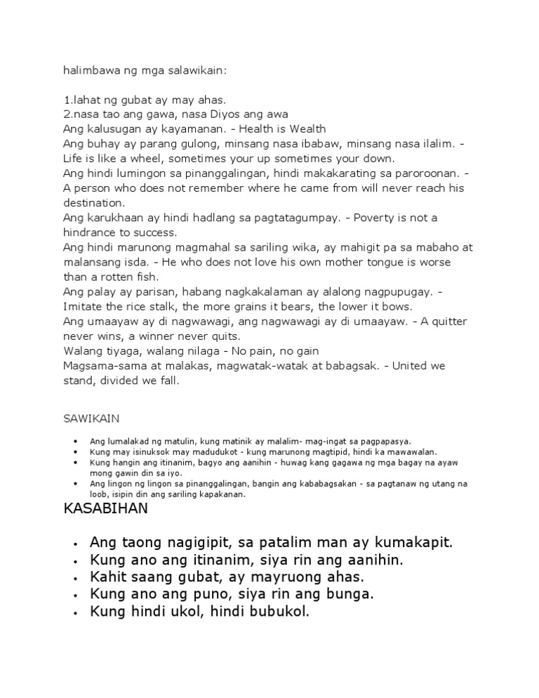 Salawikain, Sawikain at Kasabihan | PDF