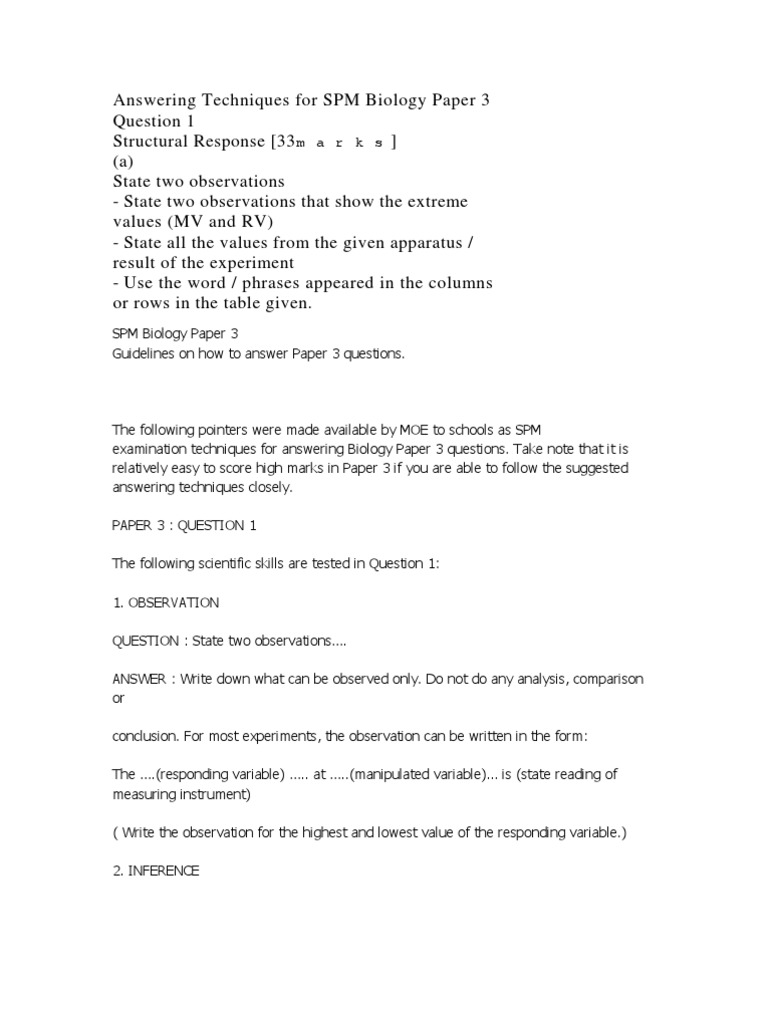 Answering Techniques For SPM Biology Paper 3 | PDF | Experiment ...