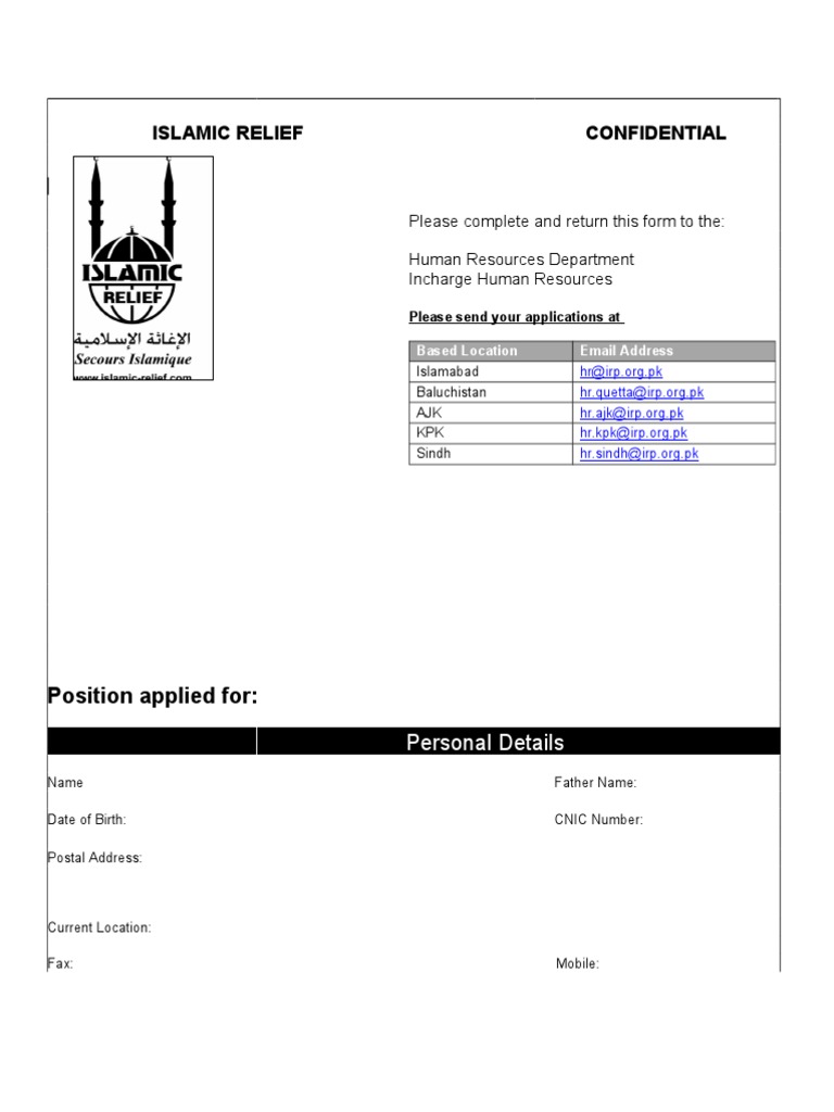 Islamic Relief - Application - Form | PDF | Fluency | Employment