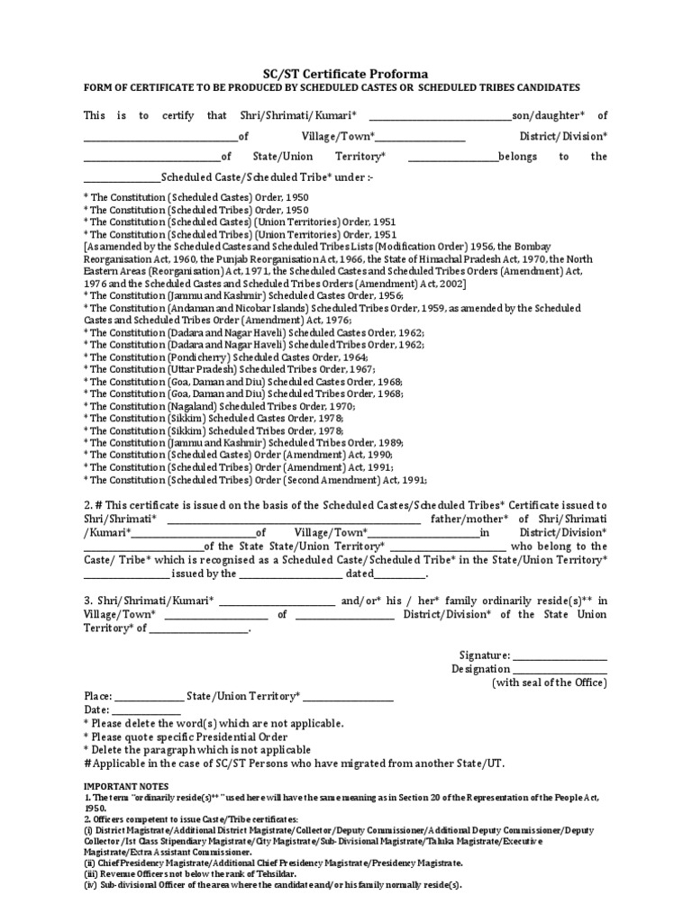 Proforma For SC ST Certificate | PDF | Magistrate | Government Of India