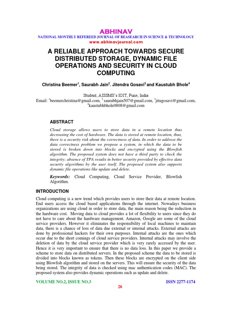 A Reliable Approach Towards Secure Distributed Storage, Dynamic File Operations and Security in ...