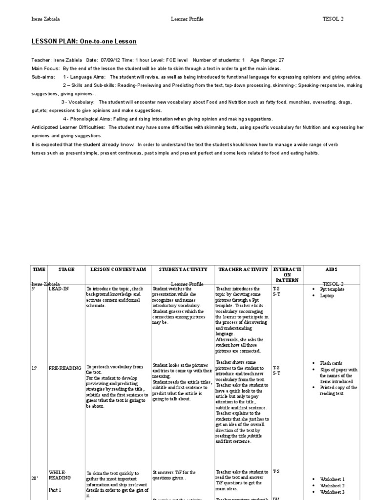 LESSON PLAN: One-To-One Lesson: Irene Zabiela Learner Profile Tesol 2 ...