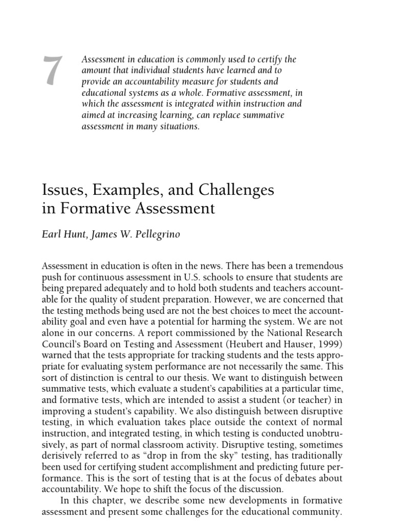 Issues, Examples, and Challenges in Formative Assessment: Earl Hunt ...