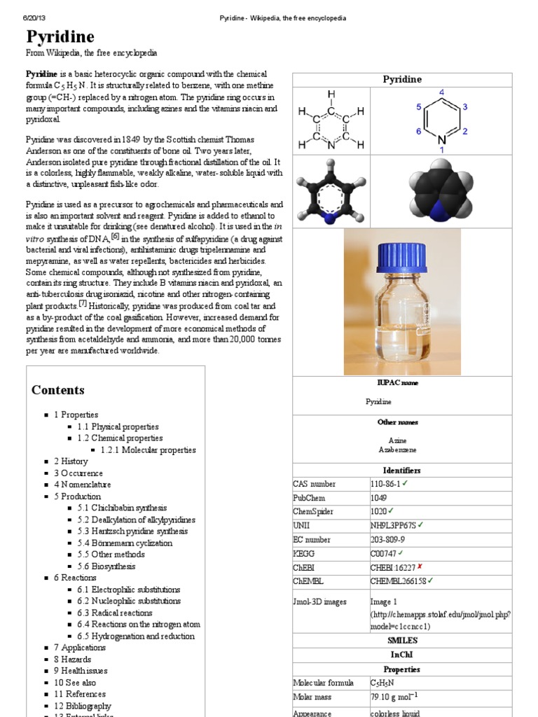Pyridine - Wikipedia, The Free Encyclopedia | PDF | Pyridine | Chemical ...
