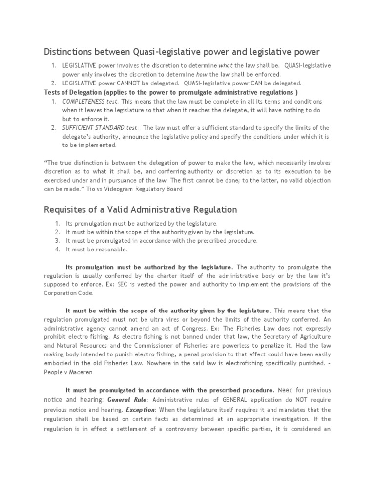 Distinctions Between Quasi-Legislative Power and Legislative Power ...