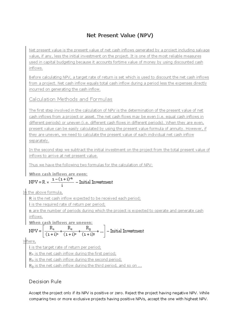 Net Present Value (NPV) : Calculation Methods and Formulas | PDF | Net ...