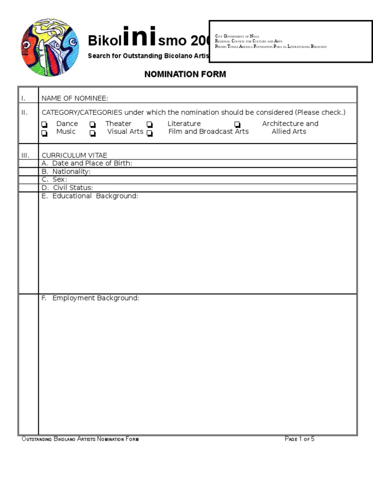 Bicolano Artists Nomination Form 2009 | PDF | Politics | Foreign ...