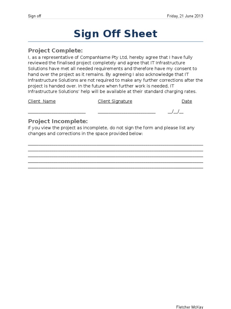 Sign Off Sheet | PDF
