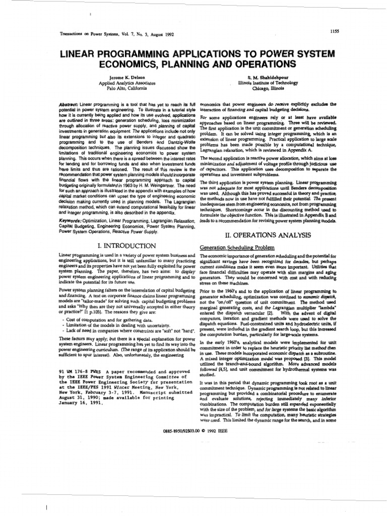 Linear Programming Applications in Power System Economics, Planning and Operations | PDF ...