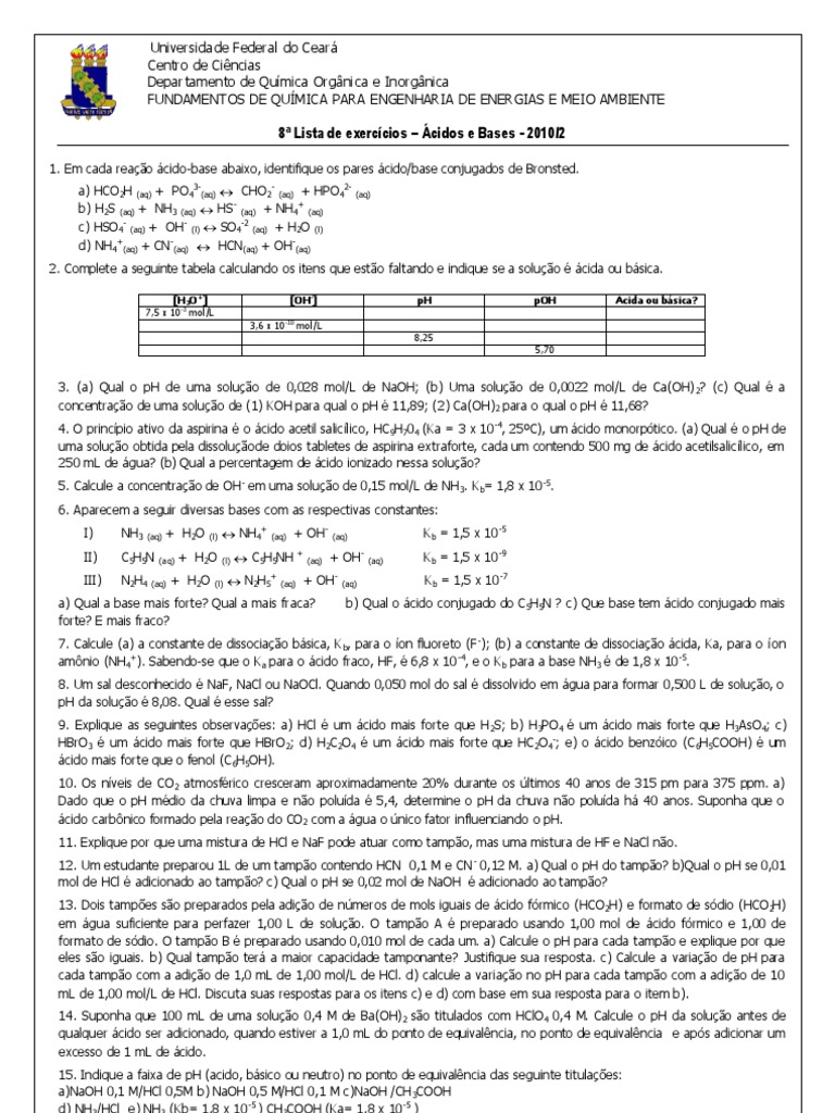 8 Lista De Exercícios ácidos E Bases 2010 2 Pdf Solução Tampão ácido