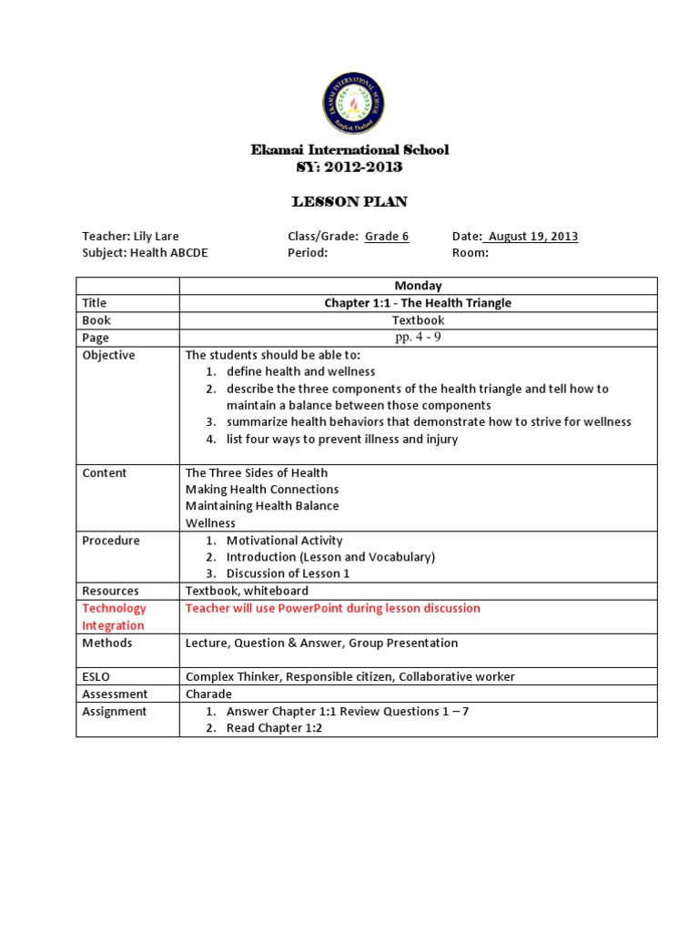 Lesson Plans Health | PDF | Lesson Plan | Self Concept