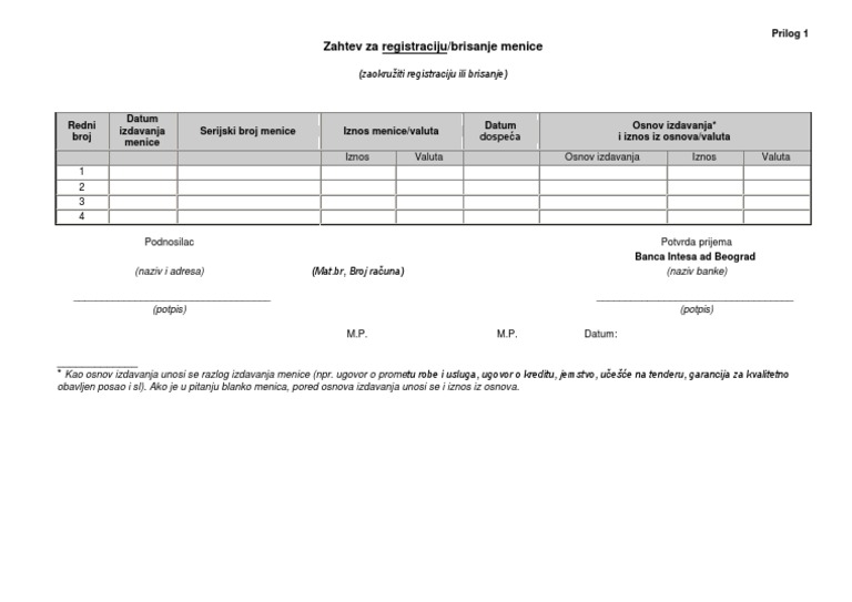 Zahtev Za Registraciju Menica | PDF