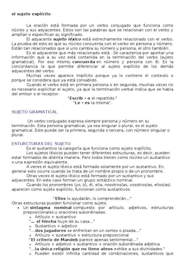 El Sujeto Explícito | PDF | Asunto (gramática) | Numero Gramatical