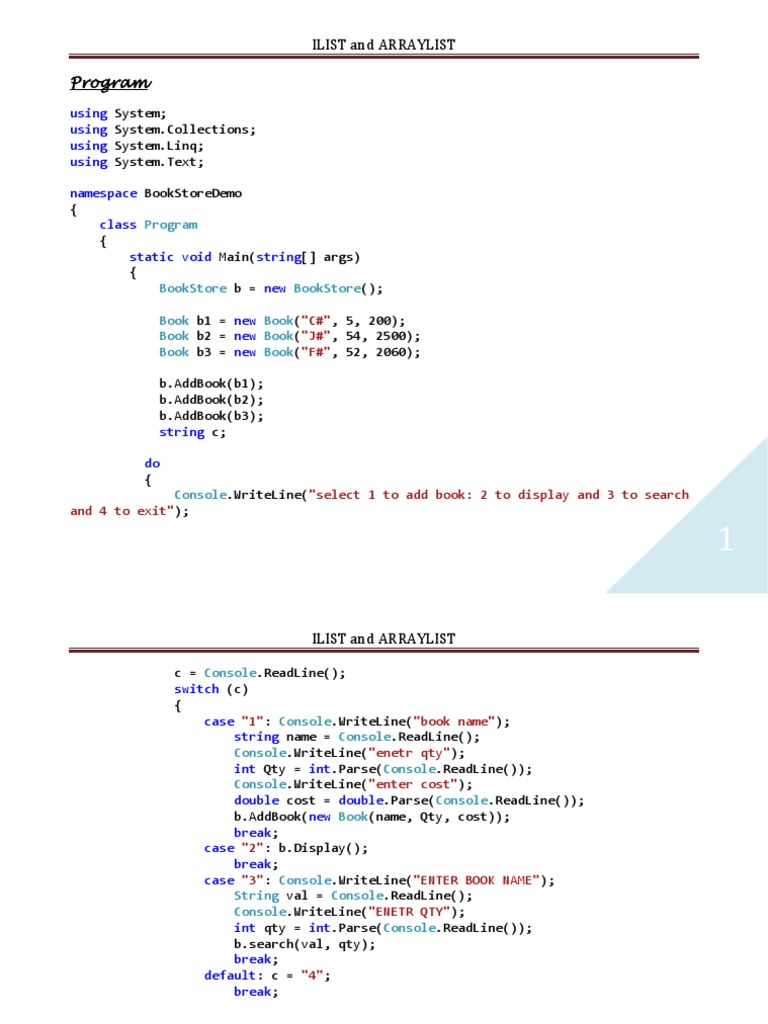 Ilist and Arraylist Program: Using Using Using Using Namespace Class Static Void String New New ...