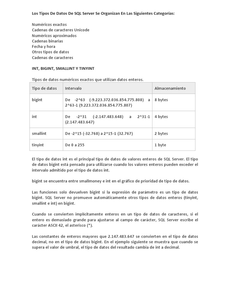 Los Tipos de Datos de SQL Server | PDF | Tipo de datos | Poco