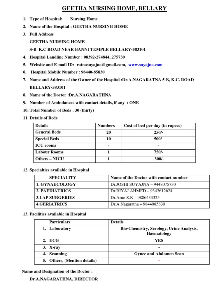Geetha Nursing Home Details, Bellary | PDF