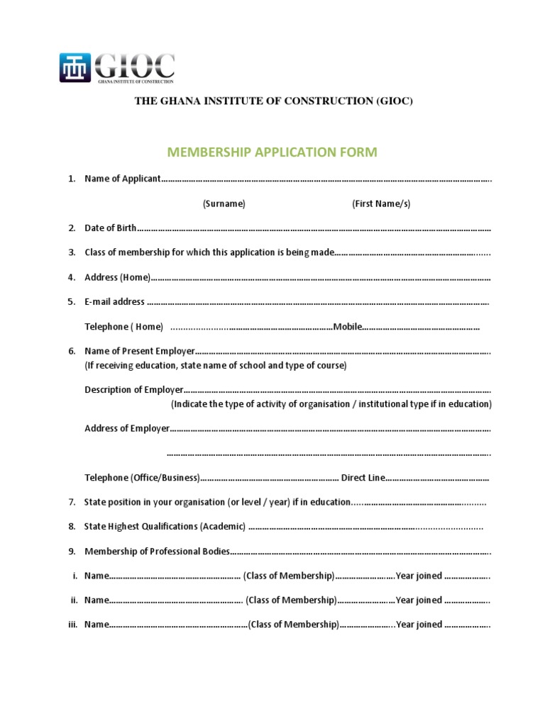 GIOC Membership Application Form | PDF | Further Education | Business