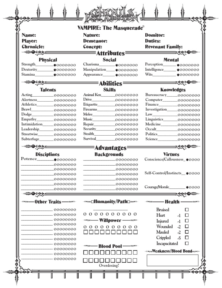 VTM 5 Character Sheet Template | PDF | Psychological Concepts | Psychology