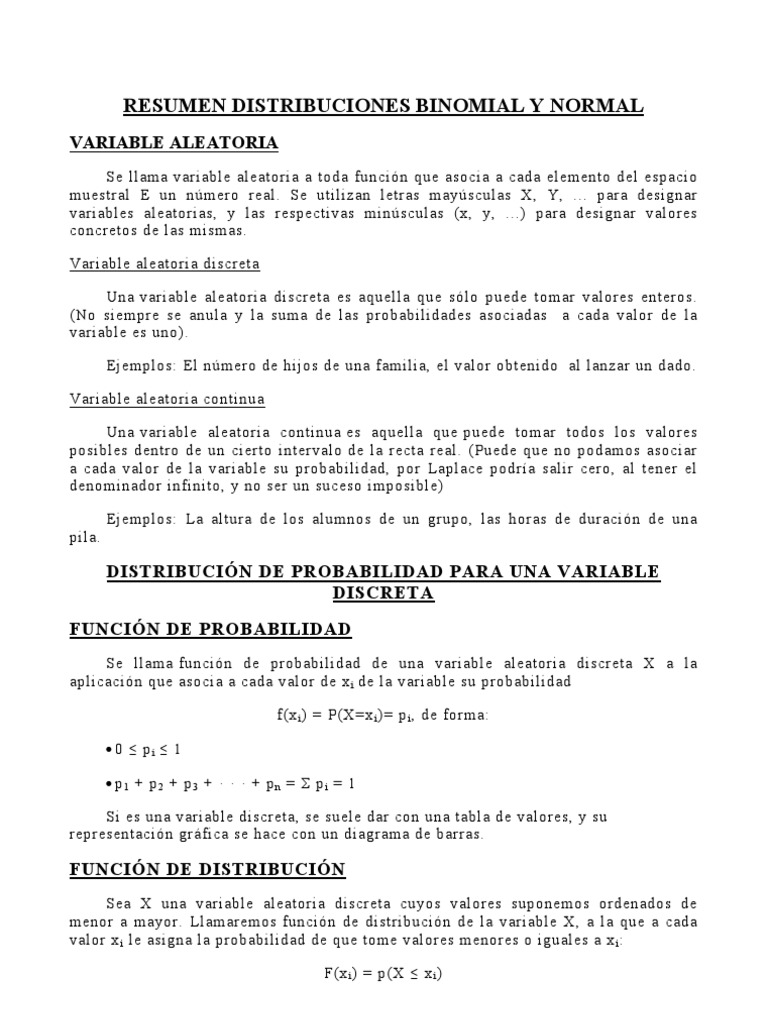 Resumen Distribuciones Binomial y Normal | PDF | Variable aleatoria | Distribución normal