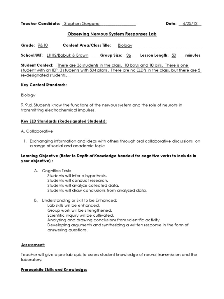 Observing Nervous System Responses Lab Long | PDF | Laboratories | Teaching