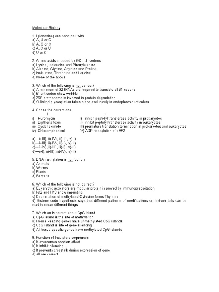 Molecular Biology Questions | PDF | Gene | Translation (Biology)