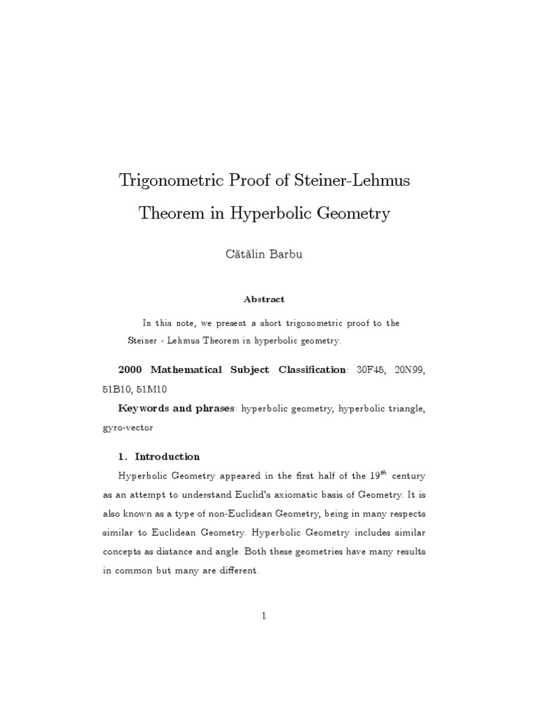 Trigonometric Proof of Steiner-Lehmus Theorem in Hyperbolic Geometry ...