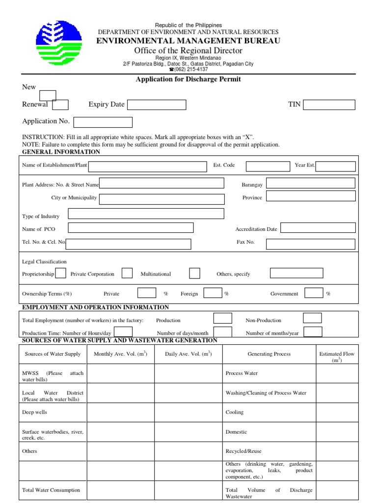 WASTEWATER DISCHARGE FORM, EMB, DENR | Wastewater | Drinking Water ...