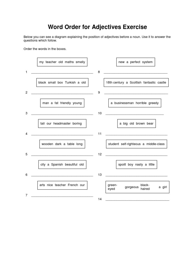 Word Order For Adjectives Exercise | PDF | Teaching Methods & Materials ...