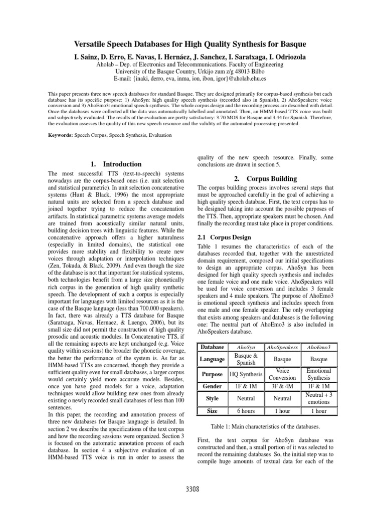 Versatile Speech Databases For High Quality Synthesis For Basque | PDF | Speech Synthesis ...