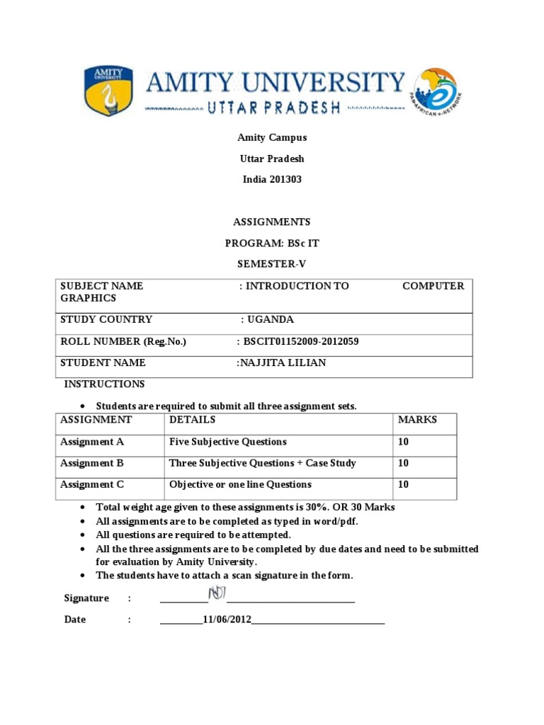 Document Analysis: Assignments for Computer Graphics Course at Amity University Uttar Pradesh ...