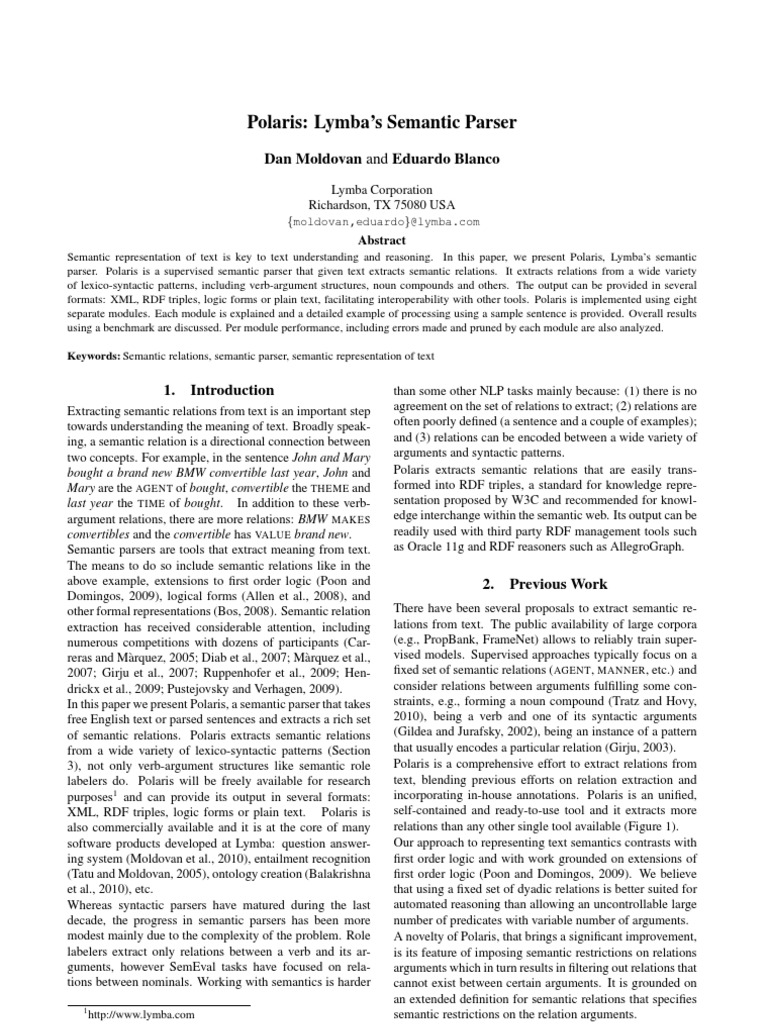 Polaris: Lymba's Semantic Parser: Dan Moldovan and Eduardo Blanco | PDF ...