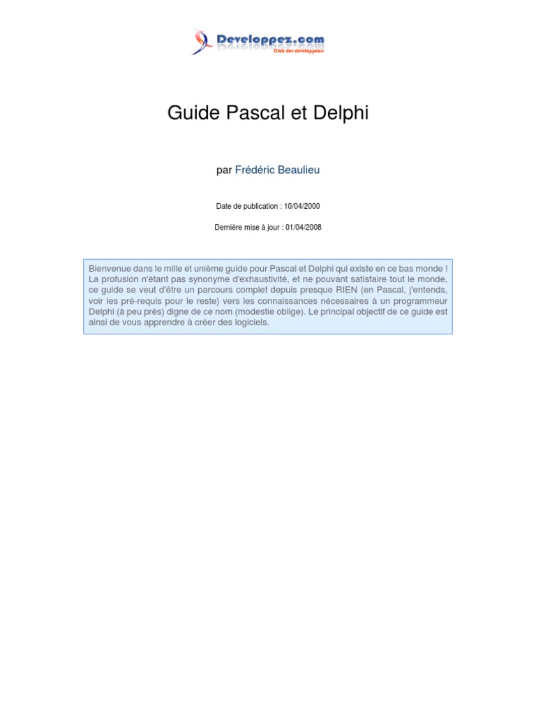 Guide Pascal Et Delphi Pdf Fichier Informatique C Langage De