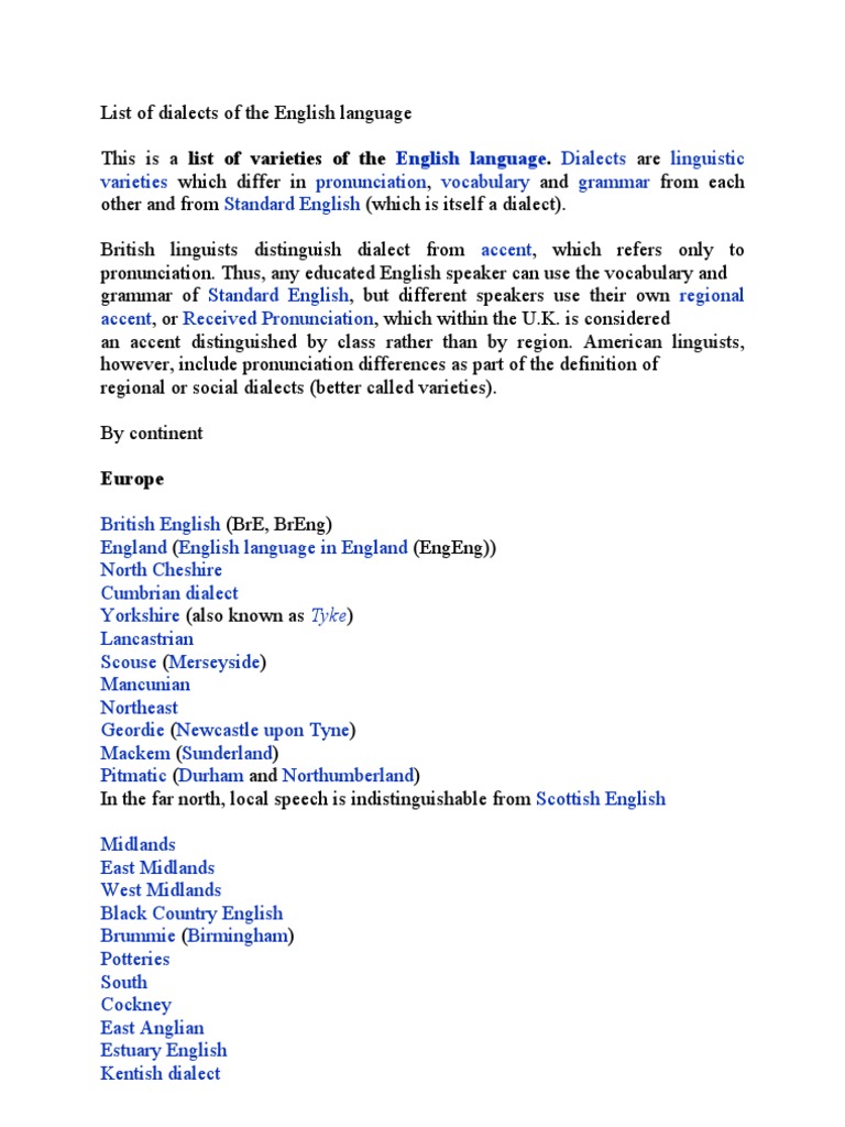 List of English Dialects and Varieties | PDF | Dialect | English Language