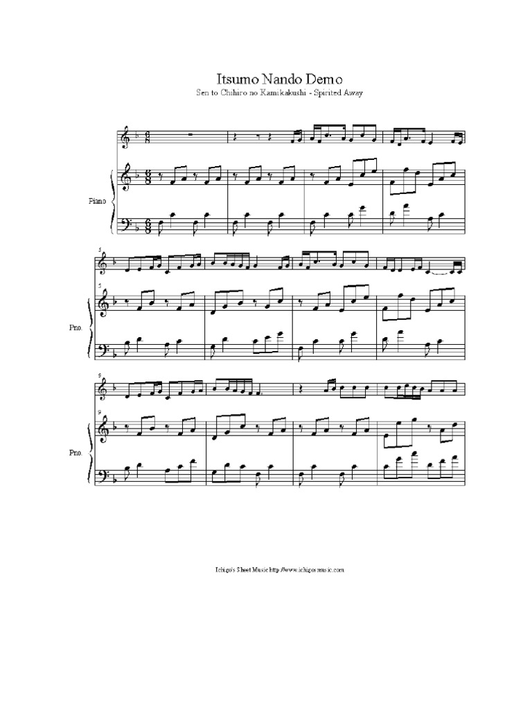 Itsumo Nando Demo (Always With Me) - Spirited Away - Piano and Melody ...