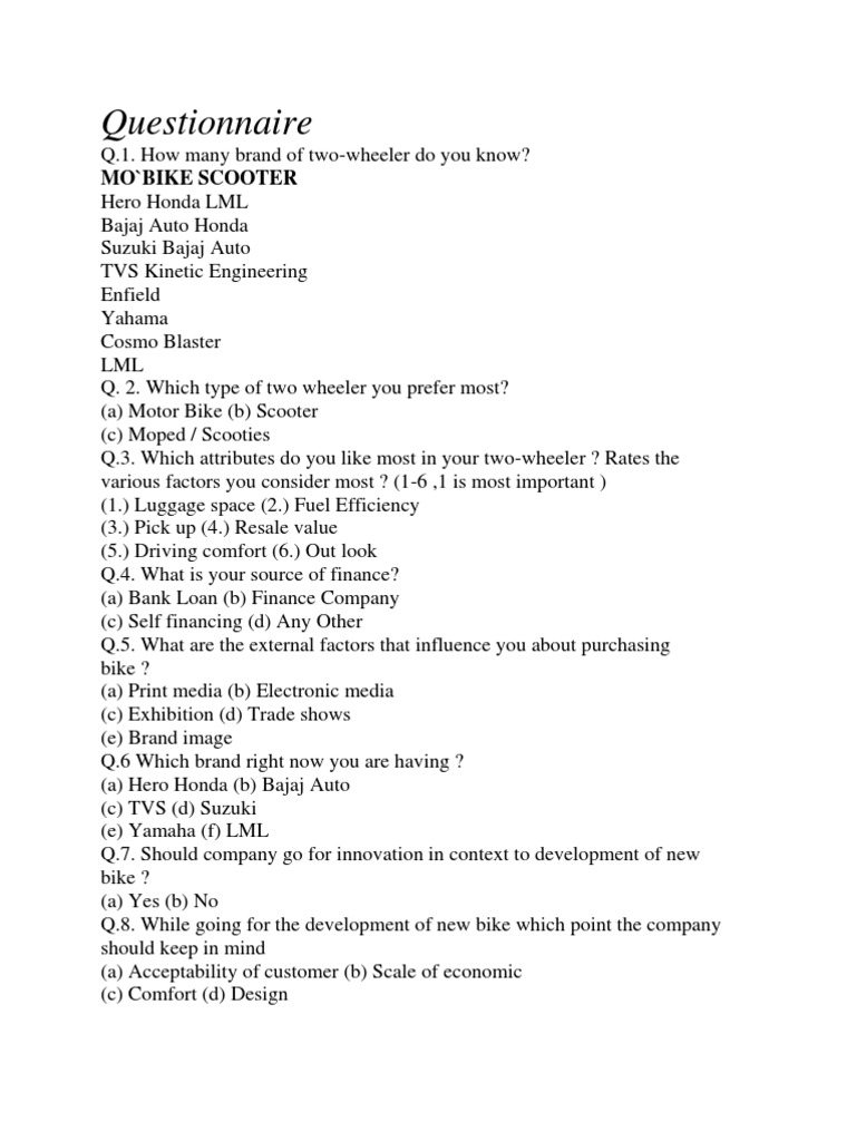 Questionnaire: Mo'Bike Scooter | PDF