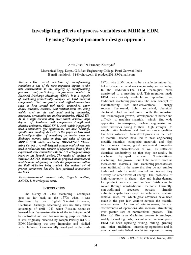 Investigating Effects of Process Variables On MRR in EDM by Using Taguchi Parameter Design ...