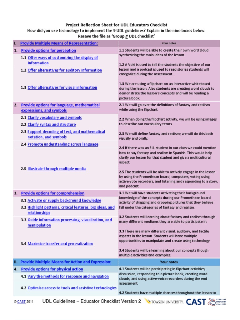 Project Reflection Sheet For UDL Educators Checklist | PDF ...