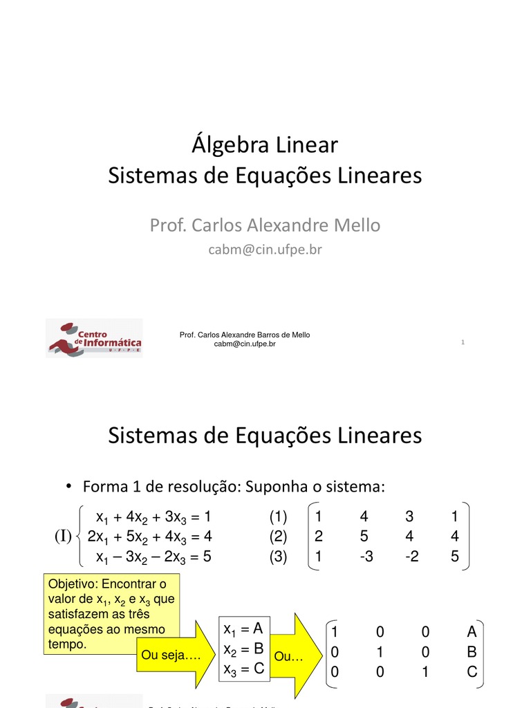 Álgebra Linear Sistemas de Equações Lineares Sistemas de Equações ...