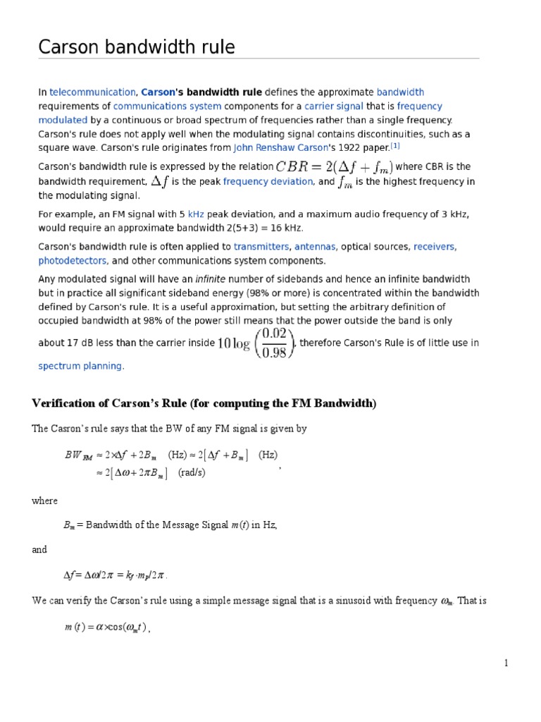 Carsons Rule Formulas | PDF | Frequency Modulation | Bandwidth (Signal Processing)